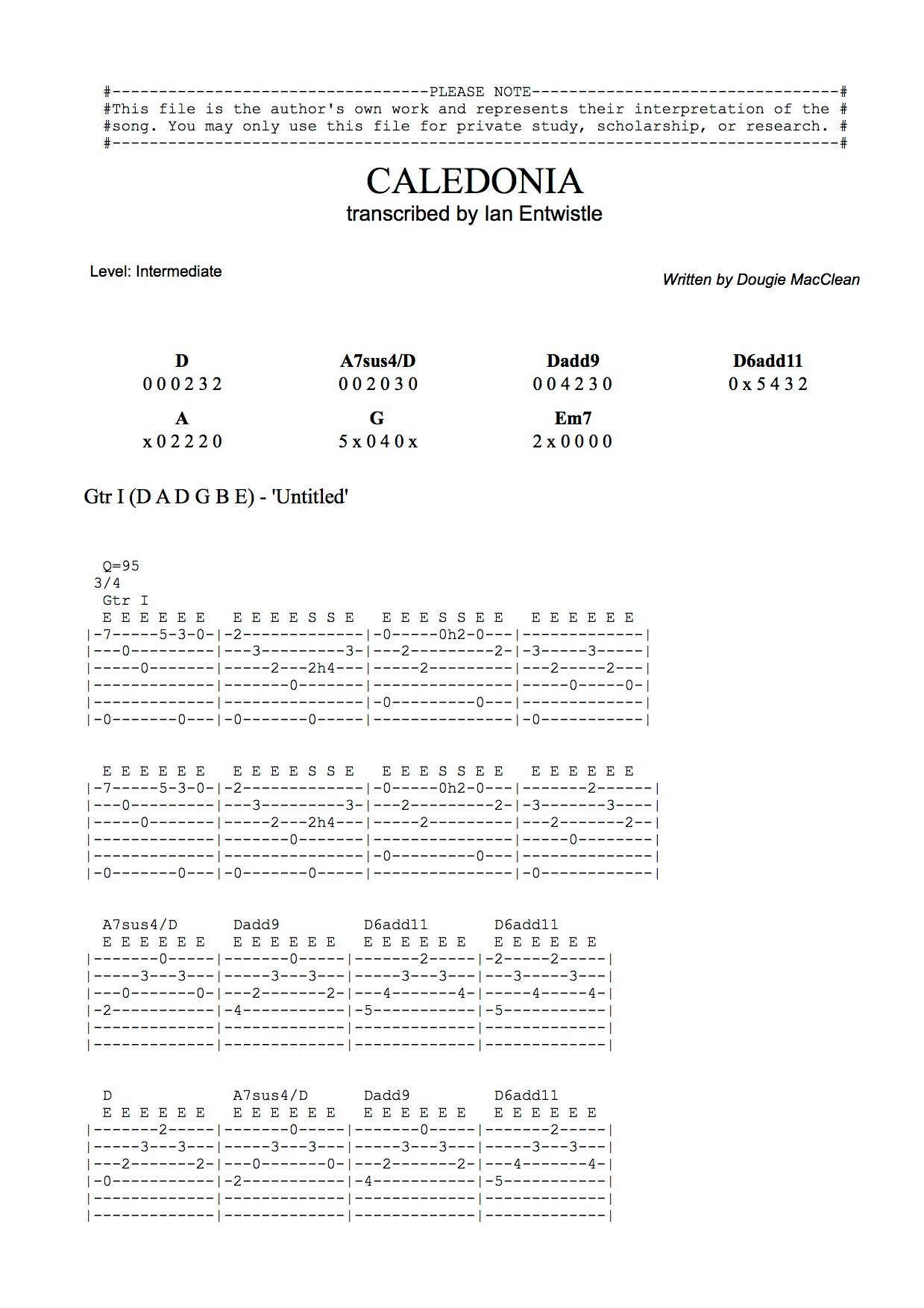 Caledonia (Dougie Maclean) guitar tab - Ian Entwistle Caledonia (Dougie Maclean) guitar tab - Ian Entwistle