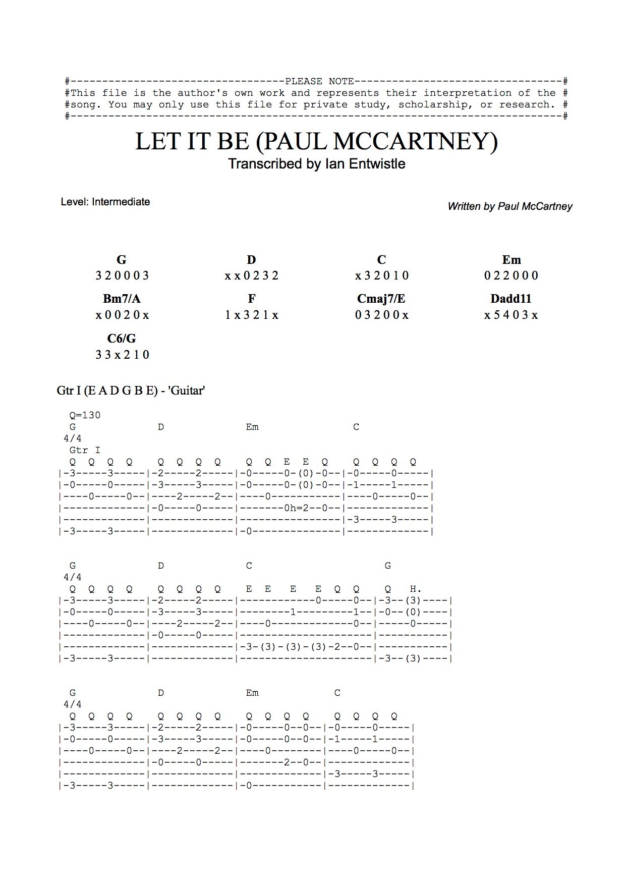 Let It Be (Paul McCartney/The Beatles) guitar tab - Ian Entwistle