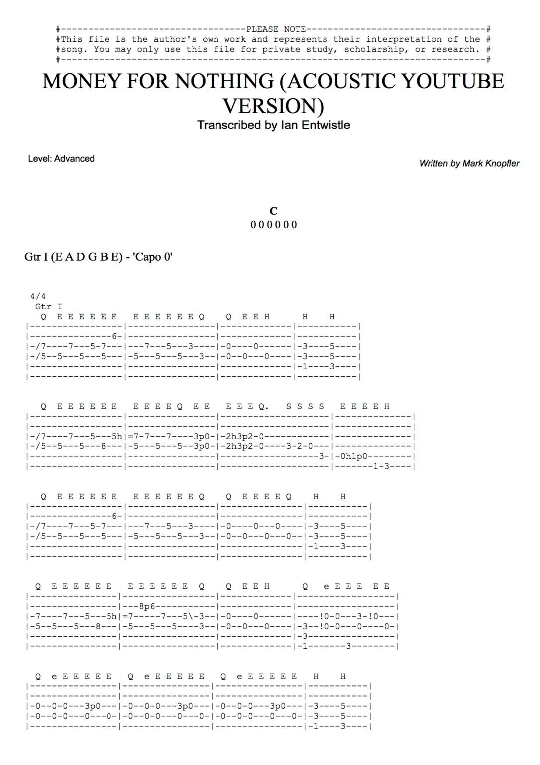 Money For Nothing (Mark Knopfler) guitar tab - Ian Entwistle