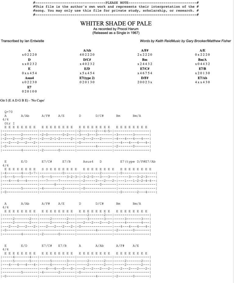 Whiter Shade Of Pale (Procol Harum) guitar tab - Ian Entwistle