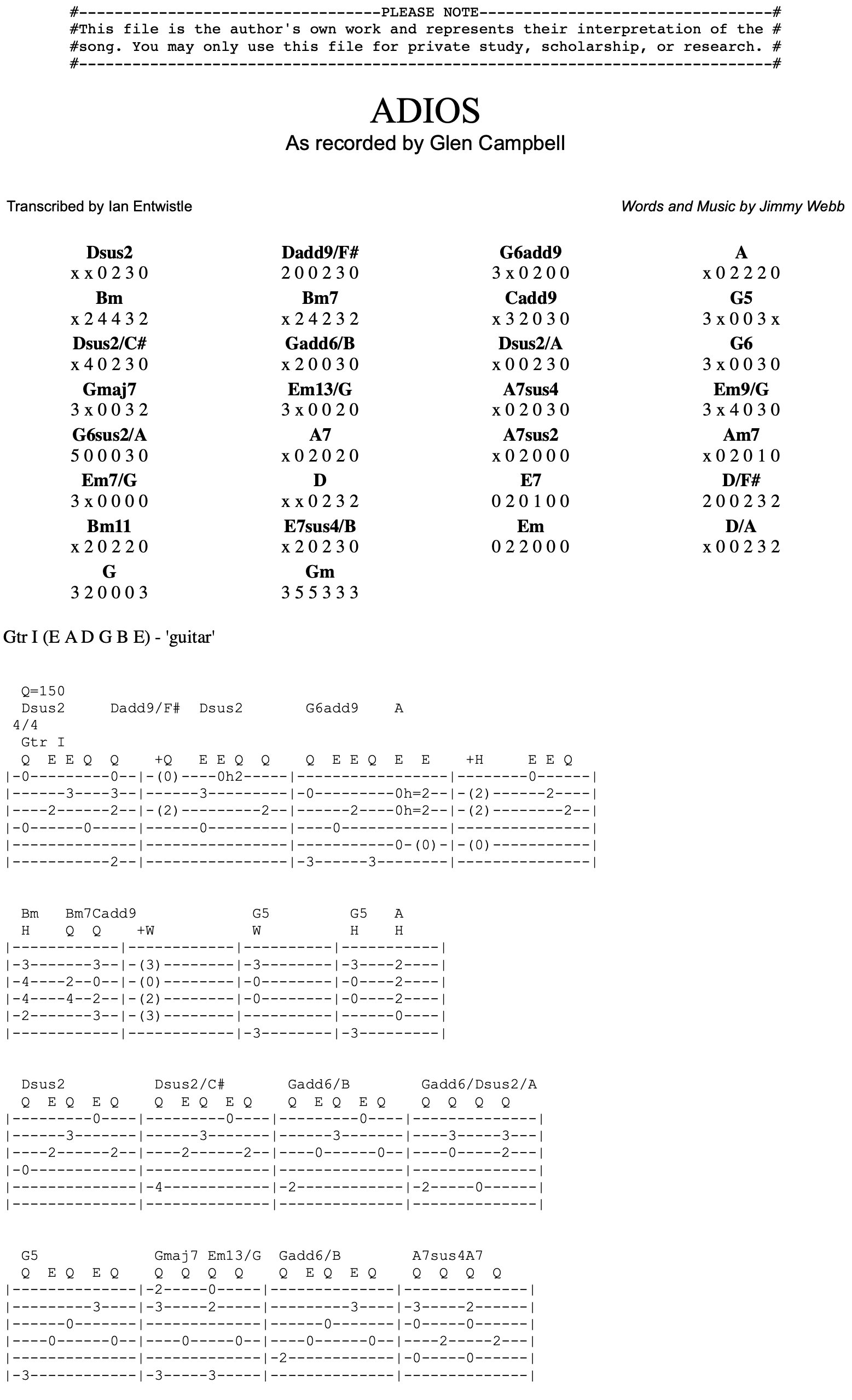 Adios (Glen Campbell) guitar tab - Ian Entwistle