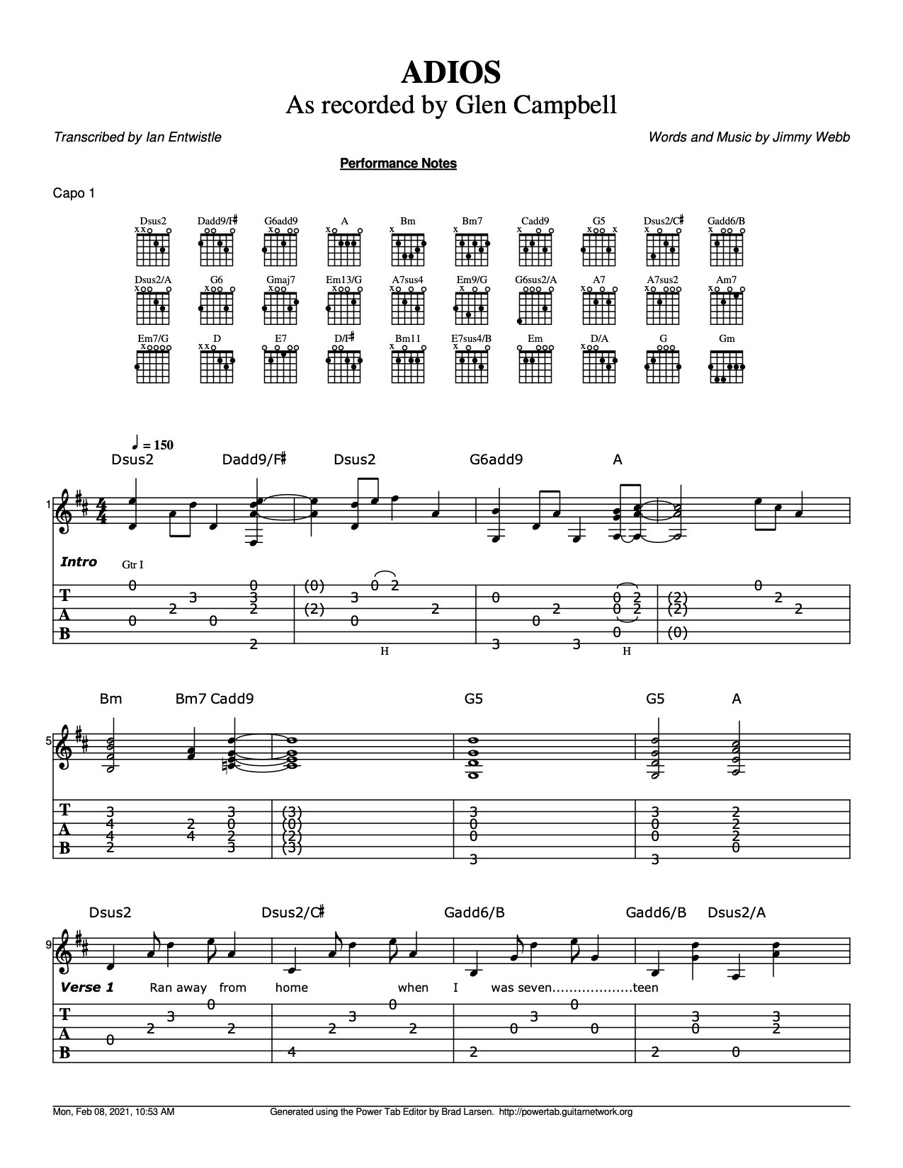 Adios (Glen Campbell) guitar tab - Ian Entwistle