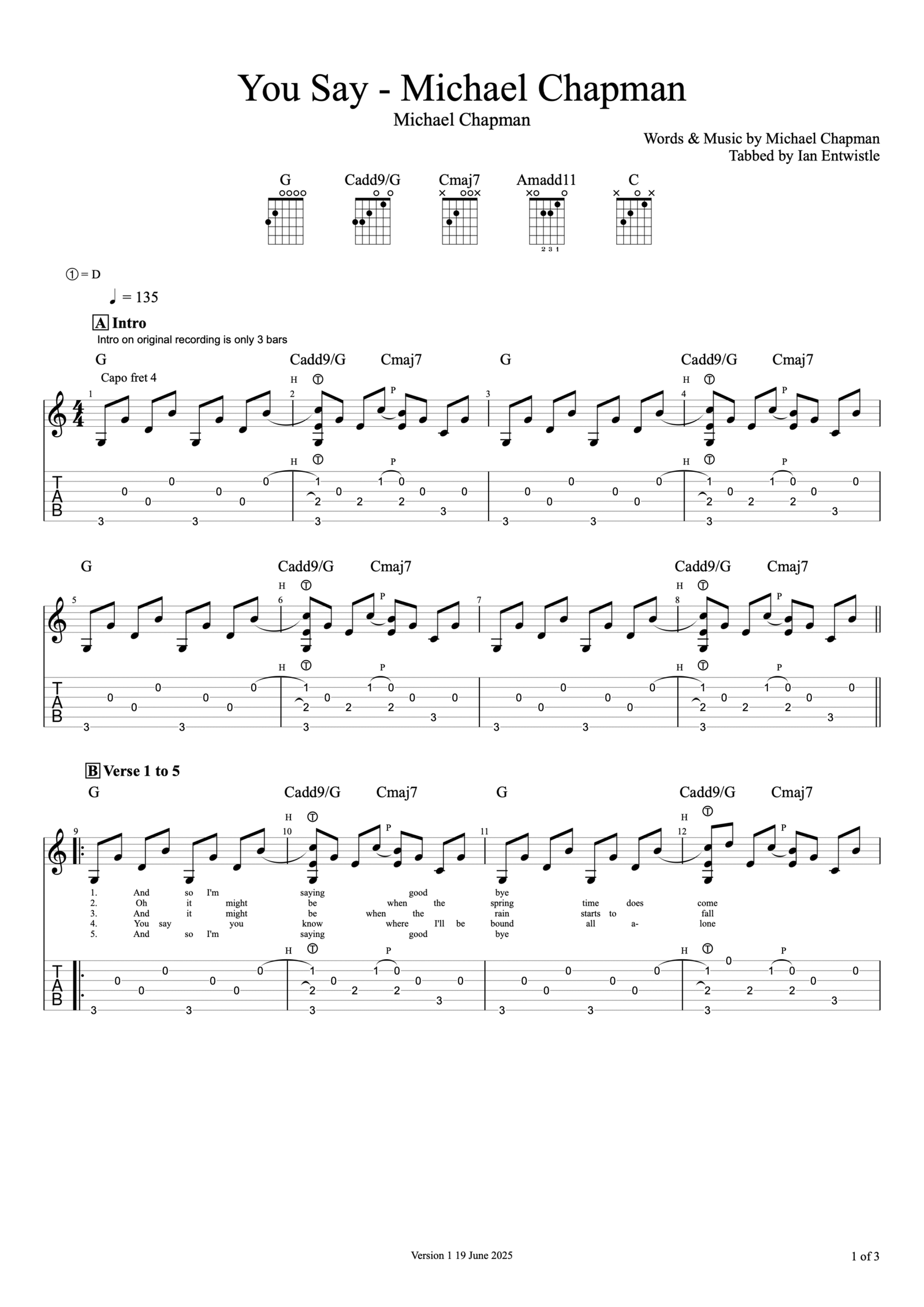 You Say (Michael Chapman) guitar tab - Ian Entwistle